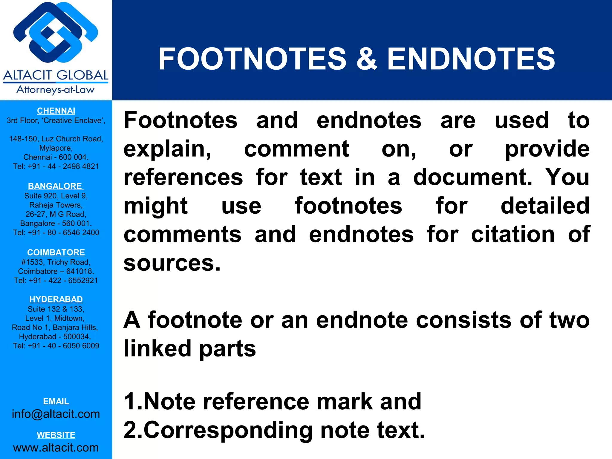 Table of contents, footnote & endnote in ms word | PPT