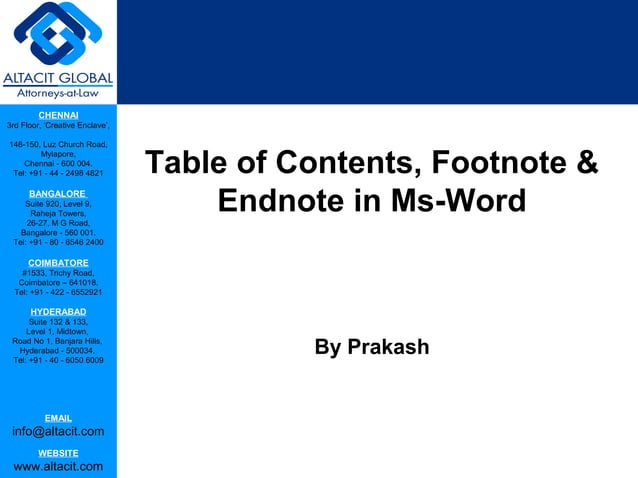 Table of contents, footnote & endnote in ms word | PPT