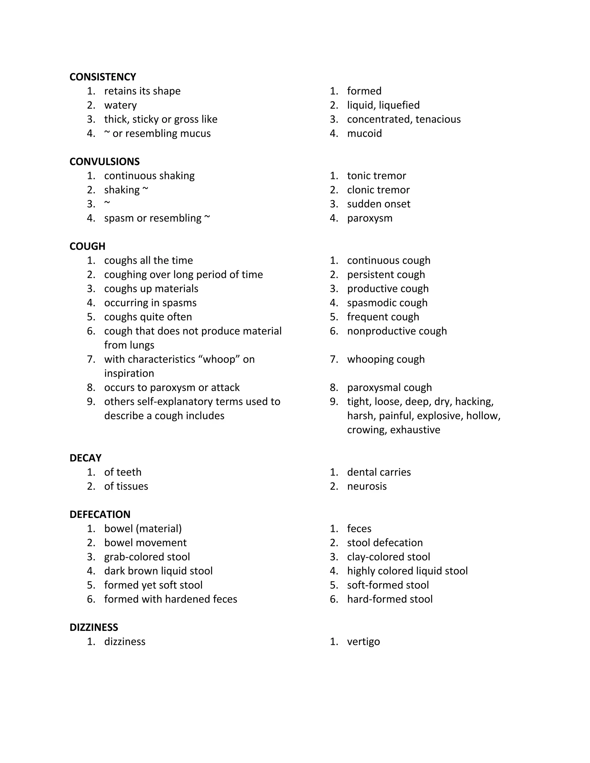 Table of descriptive terms commonly used in charting. | DOC