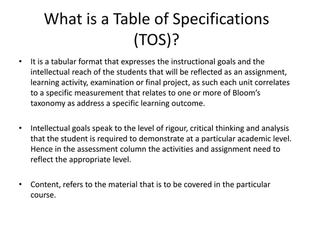Table of specifications | PPT