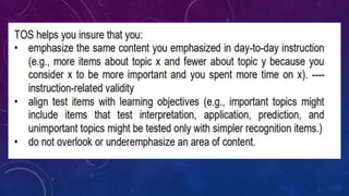 Table of Specification, Test questions and item.pptx