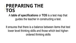 Table of specification TOS - Assessment of Learning | PPT