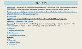 Tablet formulation, manufacturing, adv. and disadvantages | PPT