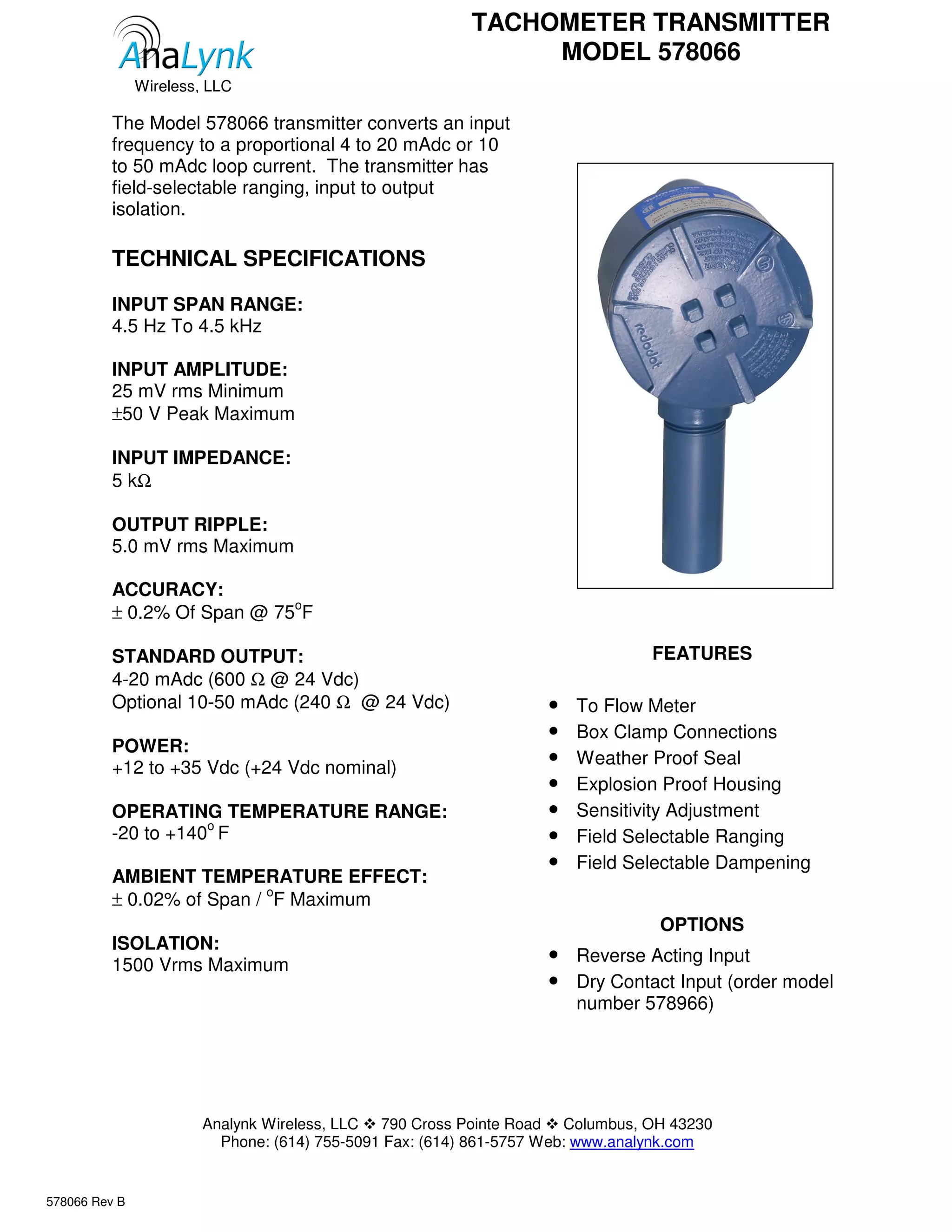 Tachometer transmitter for industrial process measurement and control ...