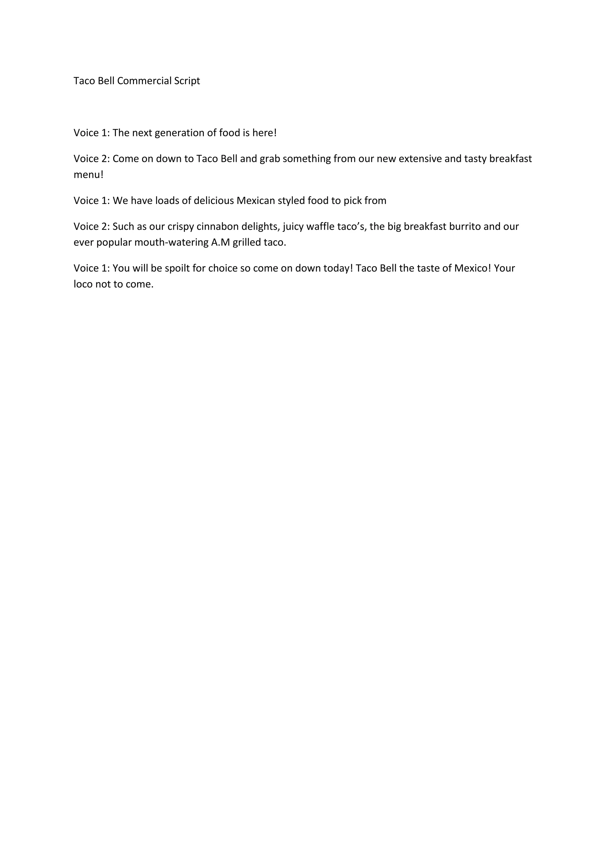 Taco bell advert 1 script | DOCX