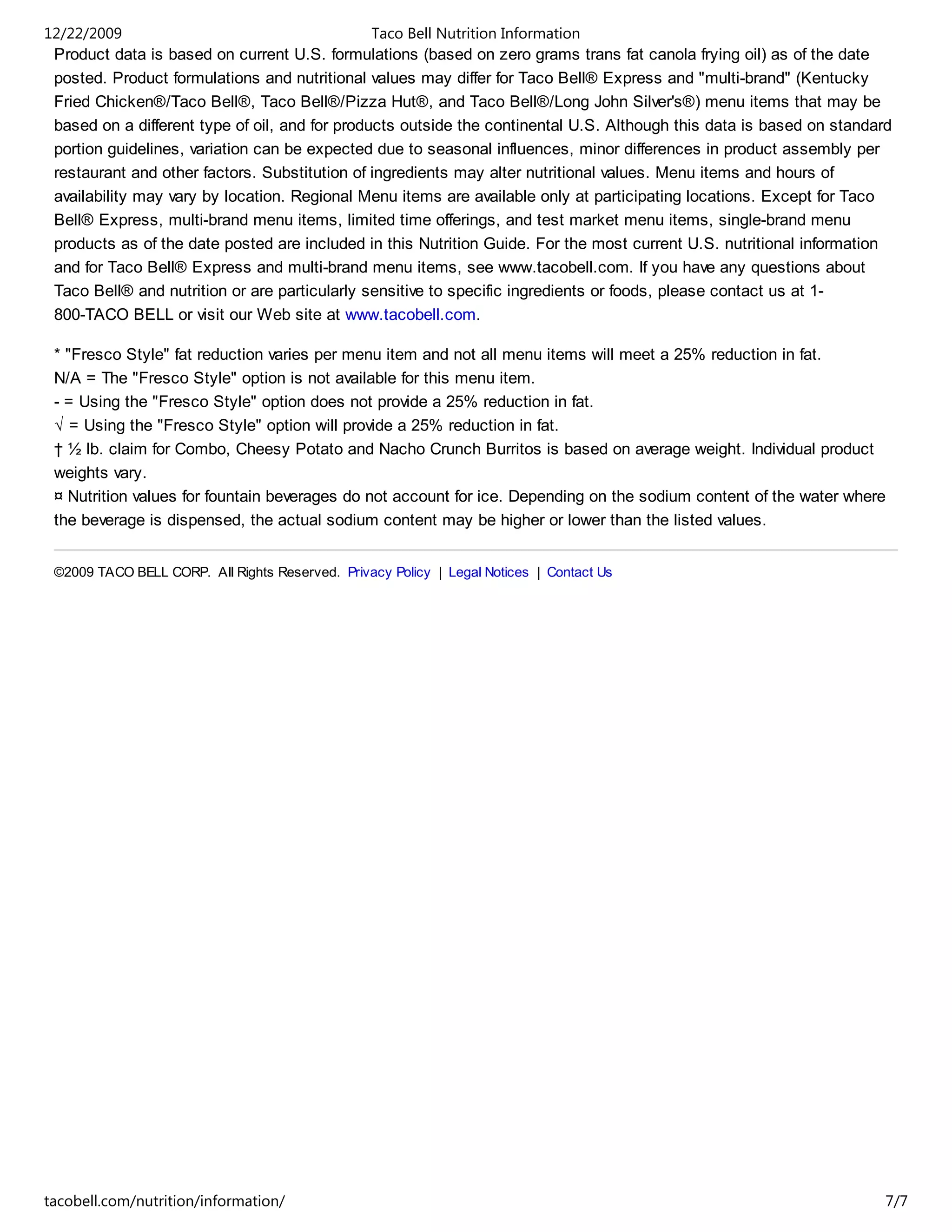 Taco Bell Nutritional Information | PDF
