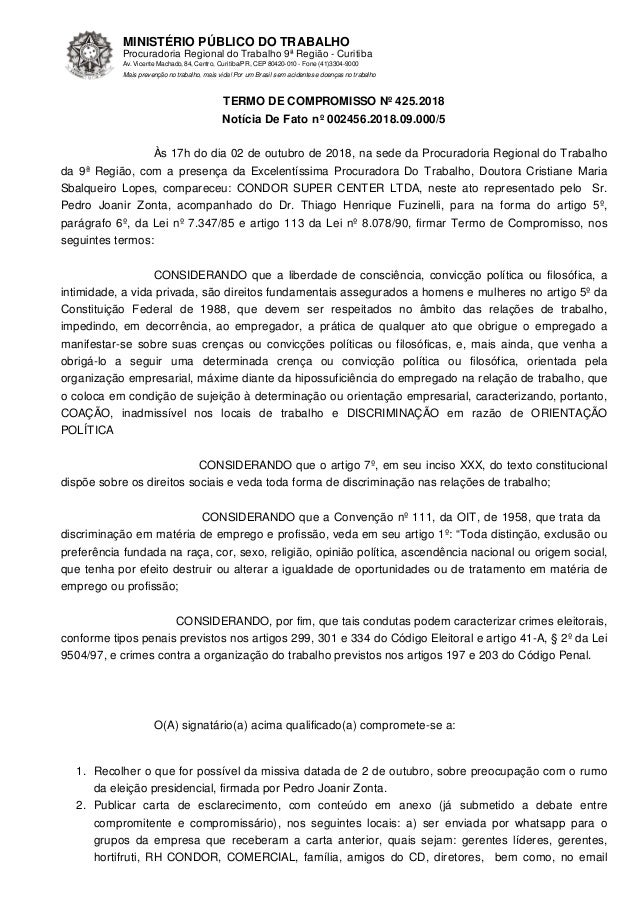 Termo de Ajuste de Conduta entre MPT-PR e Rede Condor