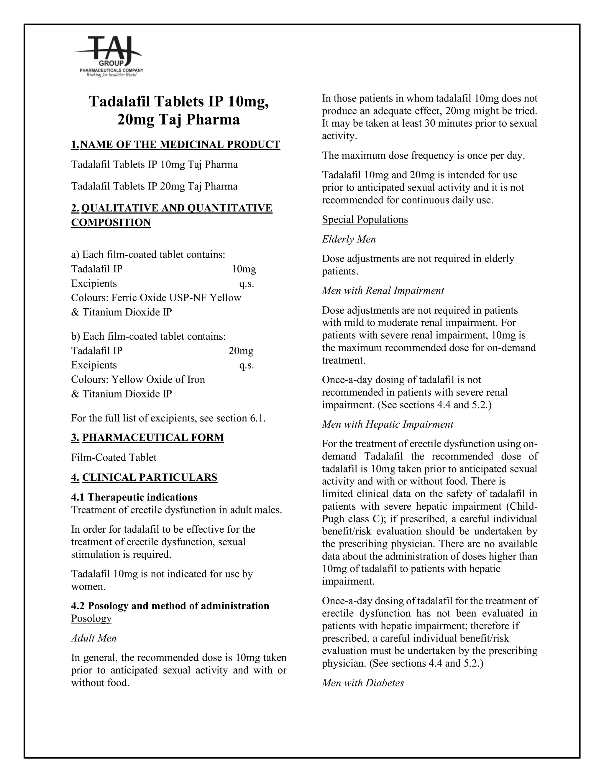 Tadalafil Tablets IP 10mg, 20mg Taj Pharma Taj Pharma SmPC | PDF