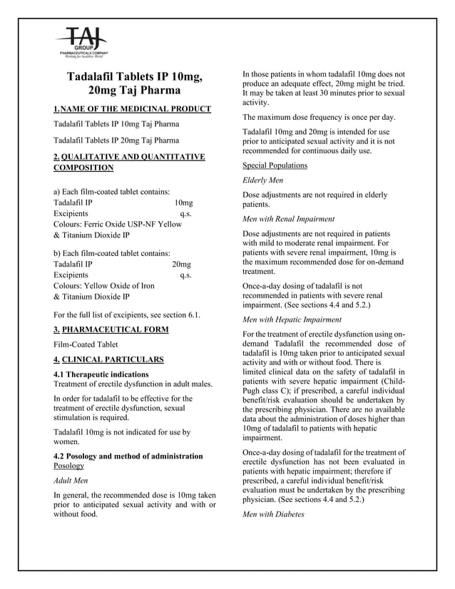 Tadalafil Tablets IP 10mg, 20mg Taj Pharma Taj Pharma SmPC | PDF
