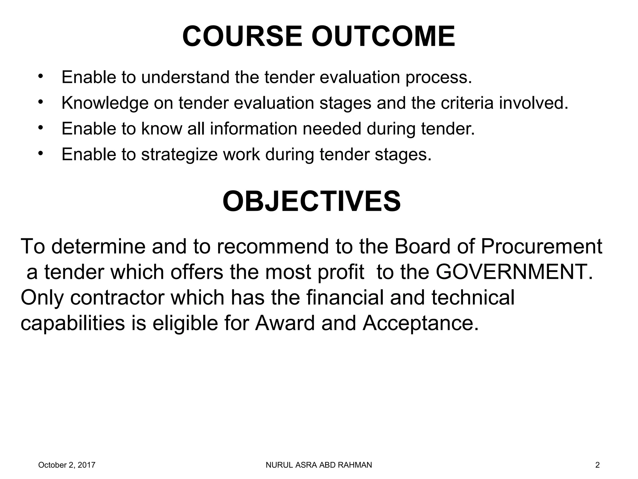 EVALUATON TENDER project planning and management ppt | PPT