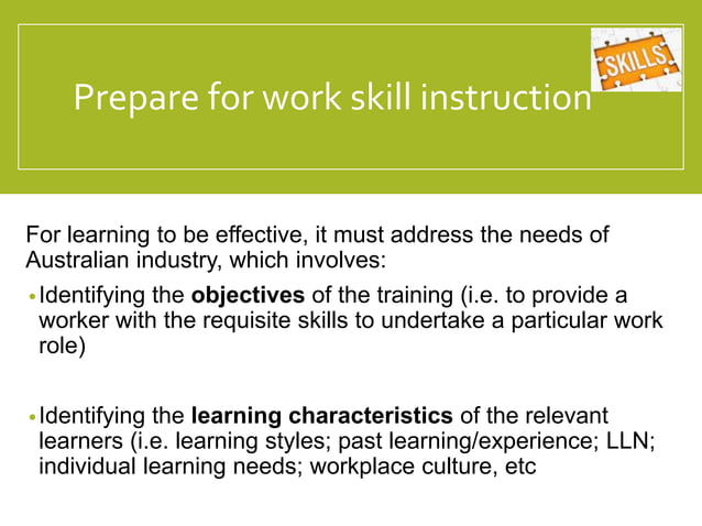 TAEDEL301 - Provide work skill instruction | PPTX | Resume Writing and ...