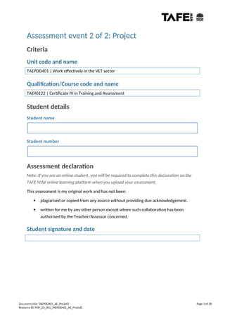 TAEPDD401_Skills Assessment Project document | DOCX