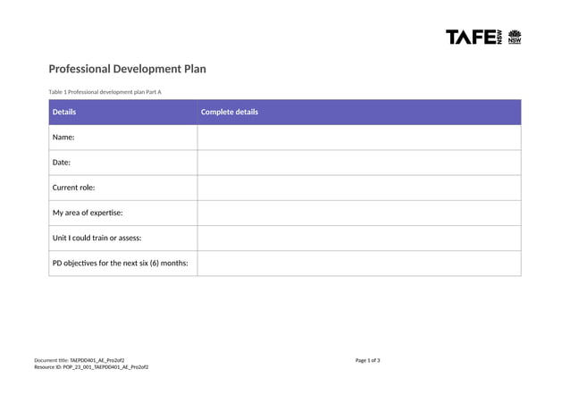 TAEPDD401_AE_Pro2of2_Appx_PDP kills Assessment Project PDP document | DOCX | Education