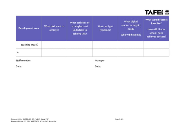 TAEPDD401_AE_Pro2of2_Appx_PDP kills Assessment Project PDP document ...