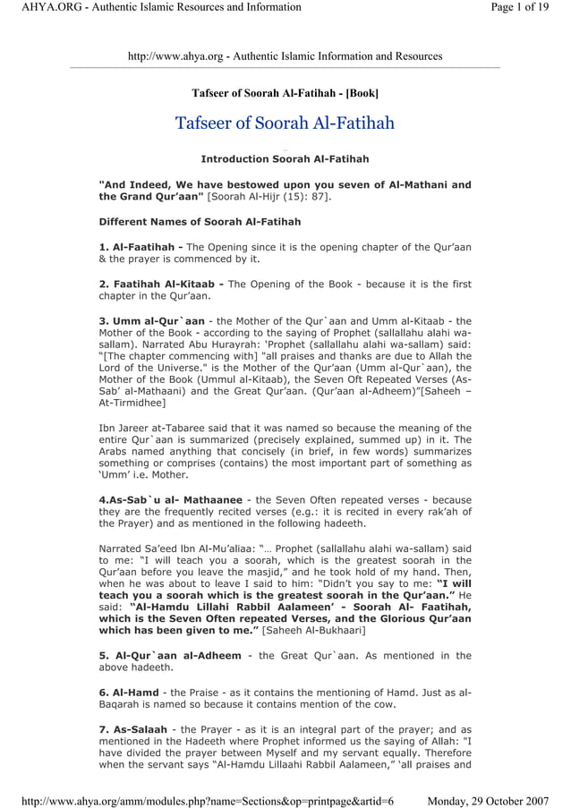 Tafsir surah al-fatiha | PDF | Islam | Religion & Spirituality