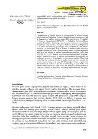 Tahap Profesionalisme Guru Sekolah Rendah Agama Jabatan Agama Islam ...