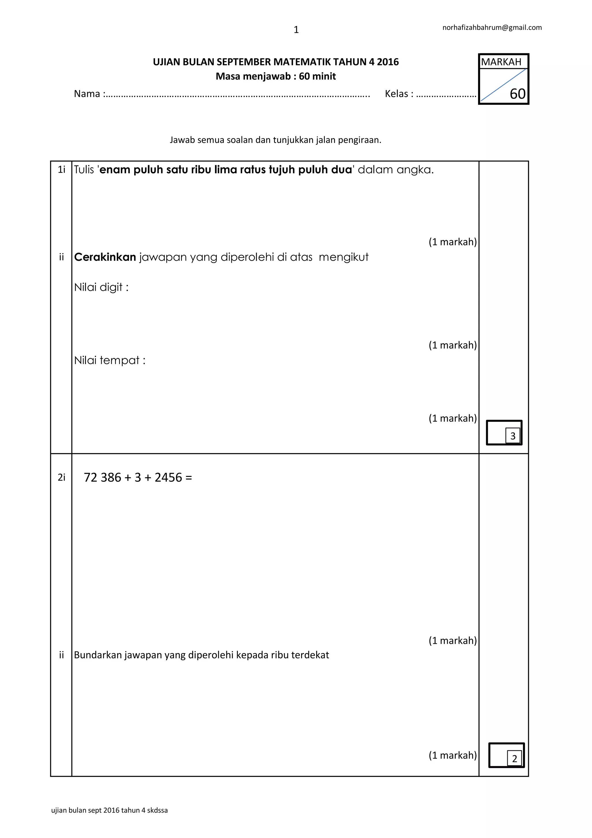 ujian bulan 9 matematik tahun 4 | PDF