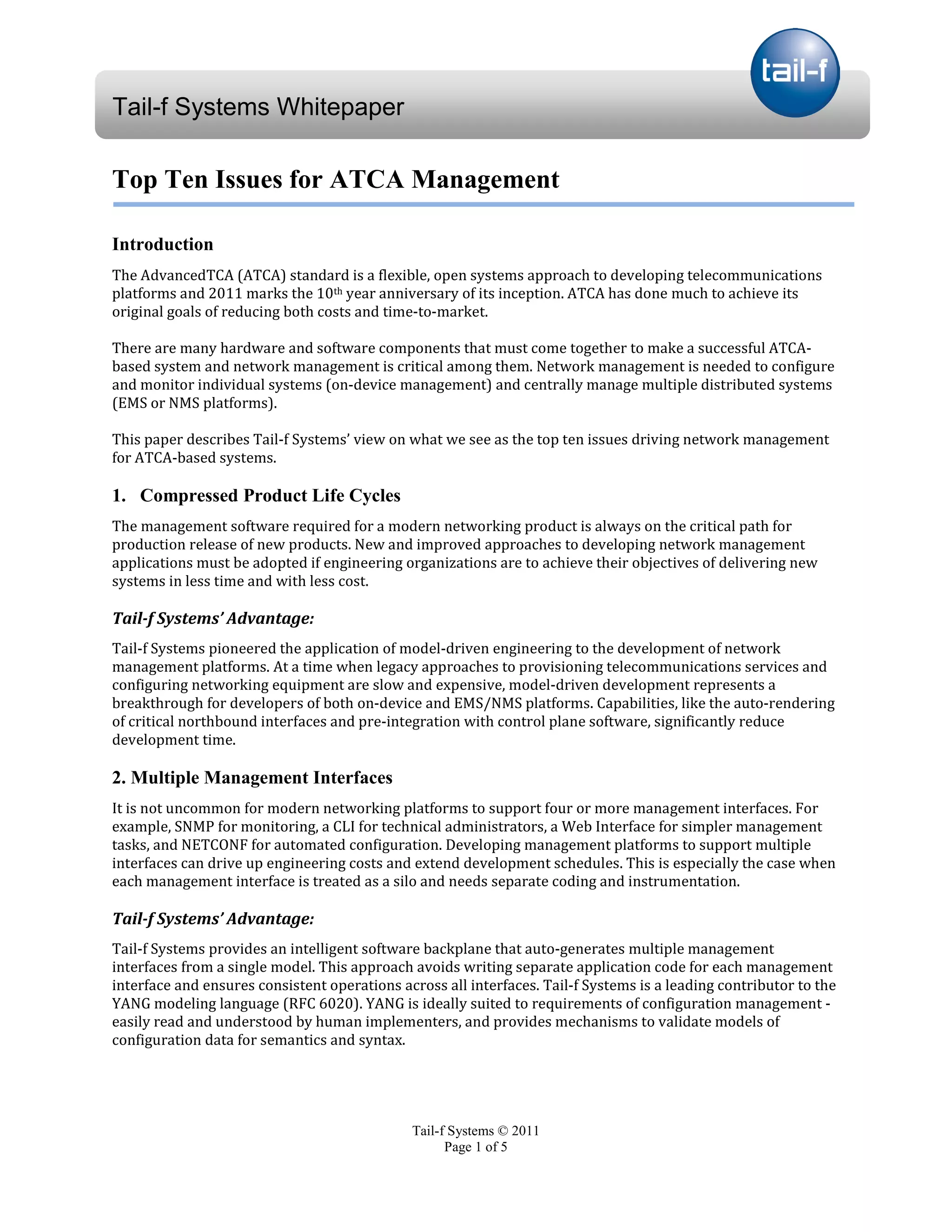 Tail f Systems Whitepaper - Top Ten Management Issues for ATCA | PDF