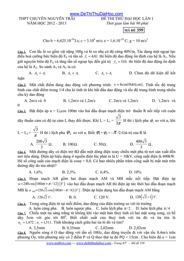 Tailieu.vncty.com de thi thu chuyen nguyen trai - hai duong | PDF