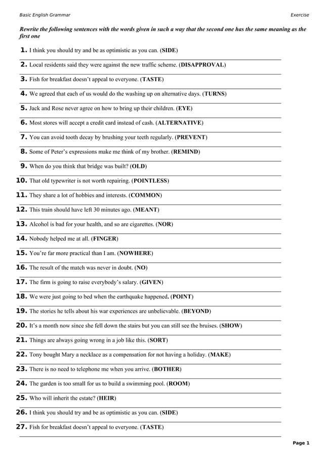 171 câu hỏi Viết lại câu (Sentence transformations) - Học sinh giỏi Tiếng Anh 9 cấp tỉnh thành ...