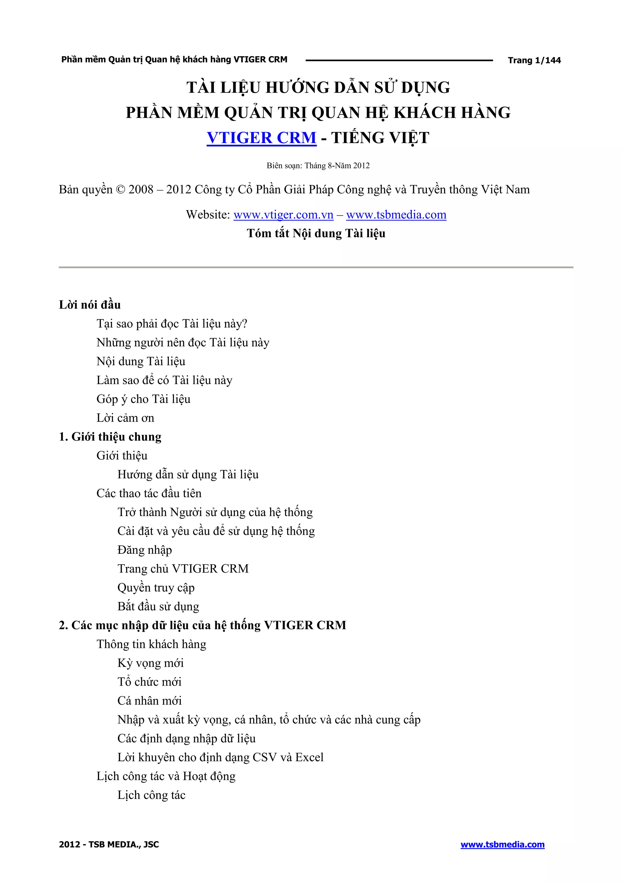 Tài Liệu Hướng Dẫn Sử Dụng Phần Mềm Vtiger CRM Tiếng Việt | PDF