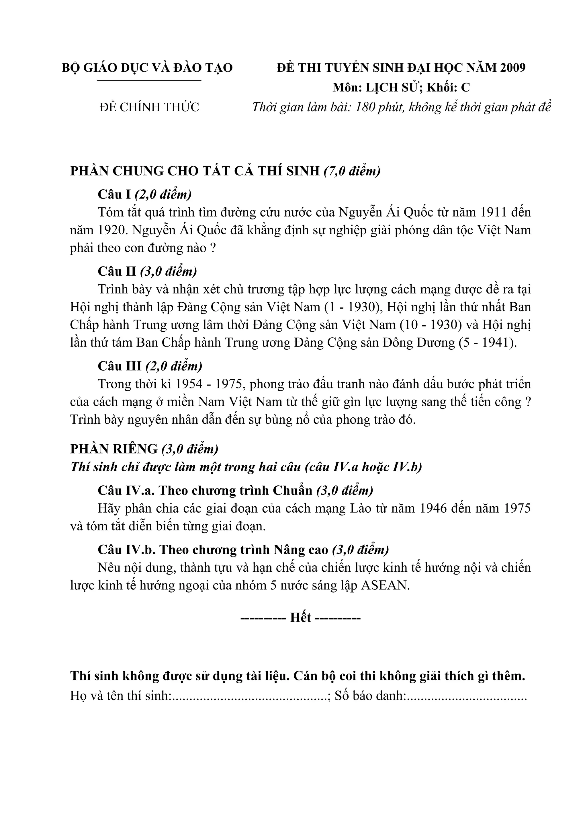 Tai lieu luyen thi dai hoc de thi dh mon su khoi c - nam 2009 | PDF