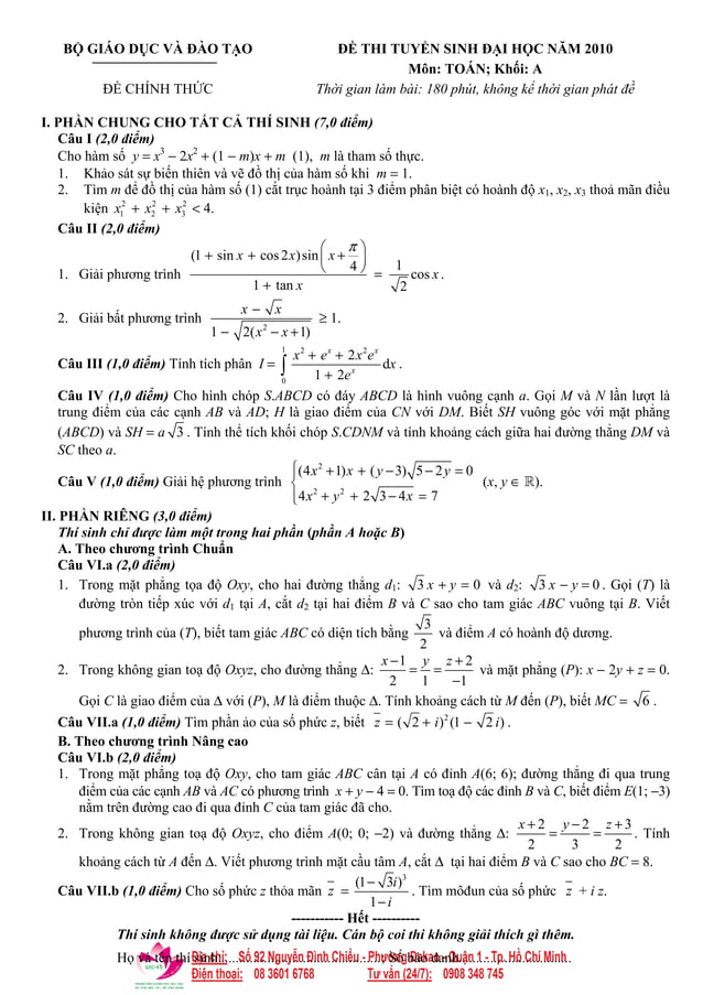 Tai lieu luyen thi dai hoc de thi dh mon toan khoi a - nam 2010 | PDF