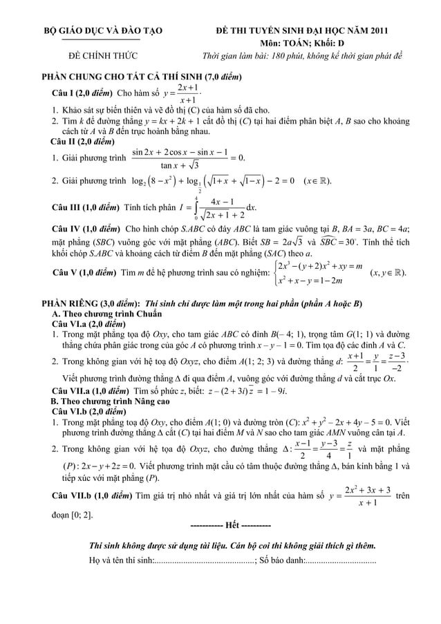 Tai lieu luyen thi dai hoc de thi dh toan khoi d | PDF