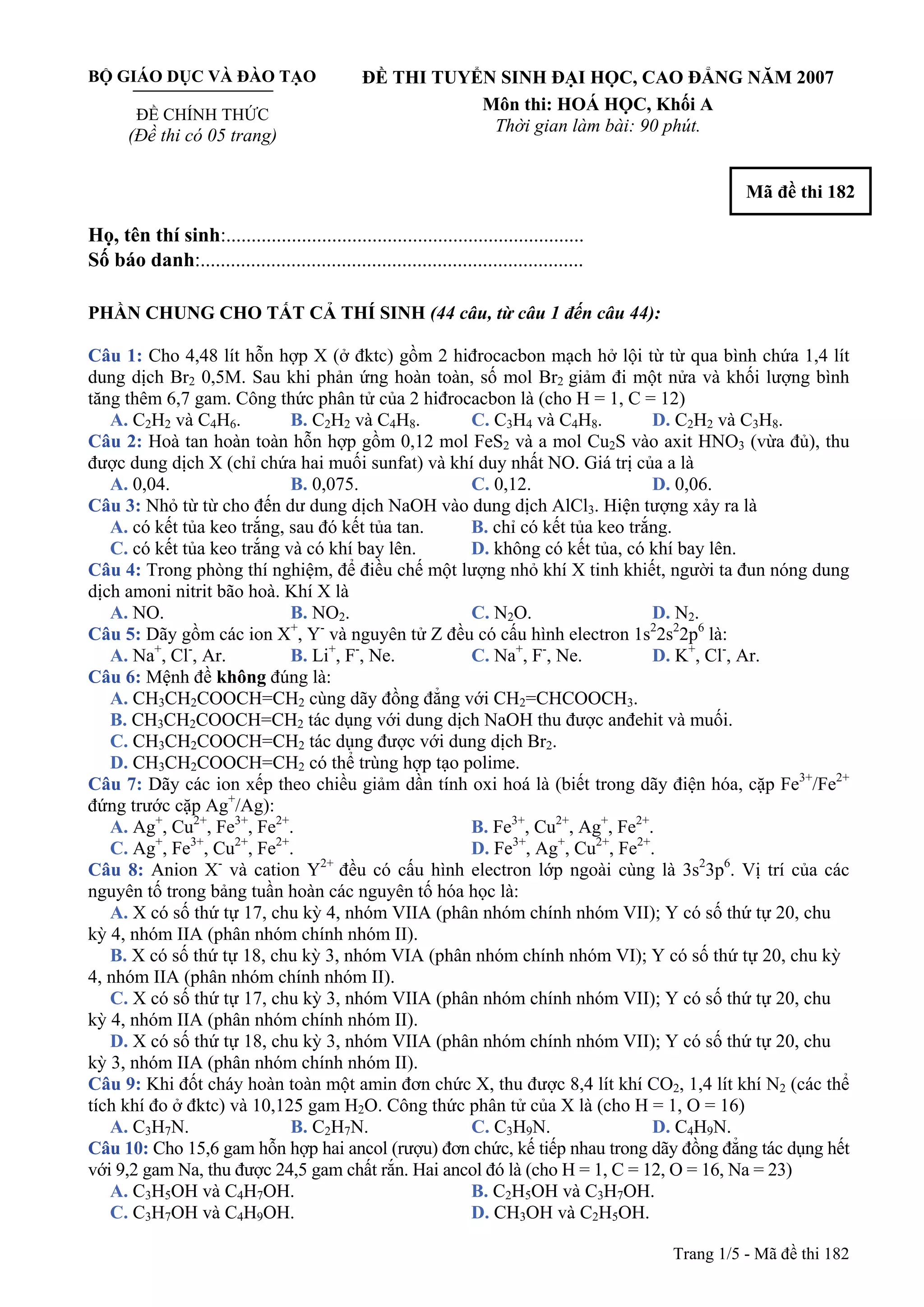 Tai lieu luyen thi mon hoa de thi dh hoa khoi a - nam 2007 | PDF