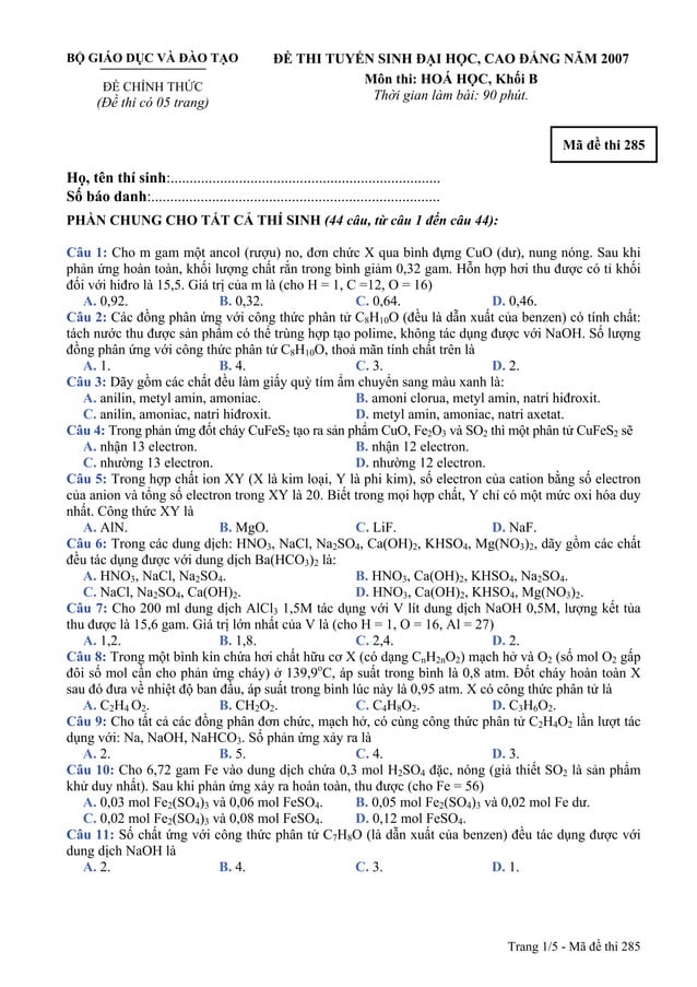 Tai lieu luyen thi mon hoa de thi dh hoa khoi b - nam 2007 | PDF