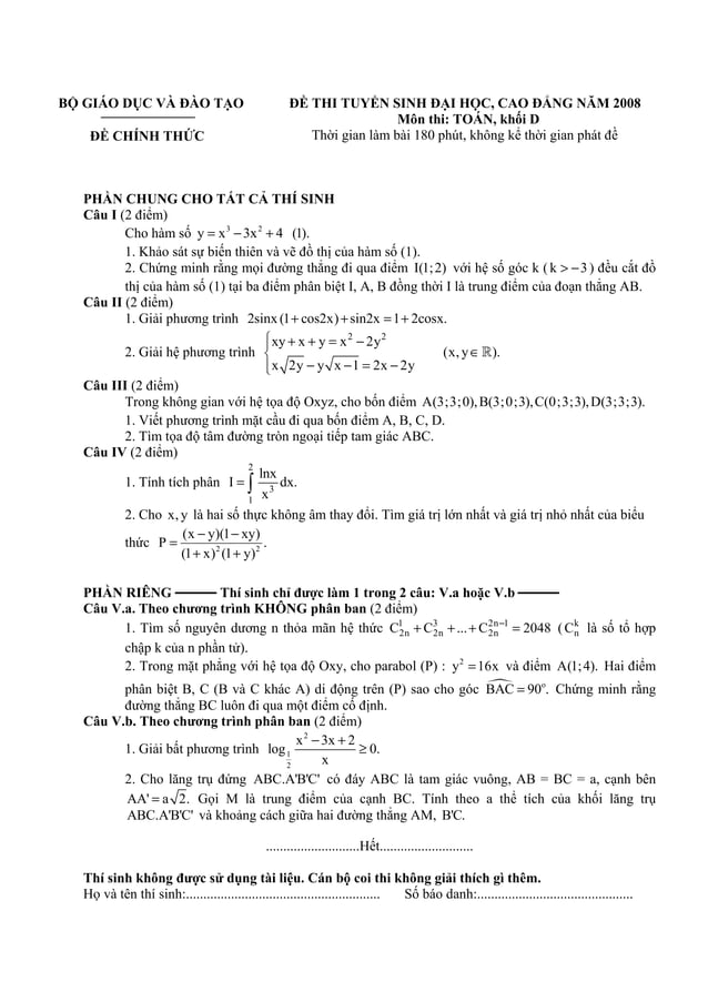 Tai lieu luyen thi mon toan de thi dh mon toan khoi d - nam 2008 | PDF