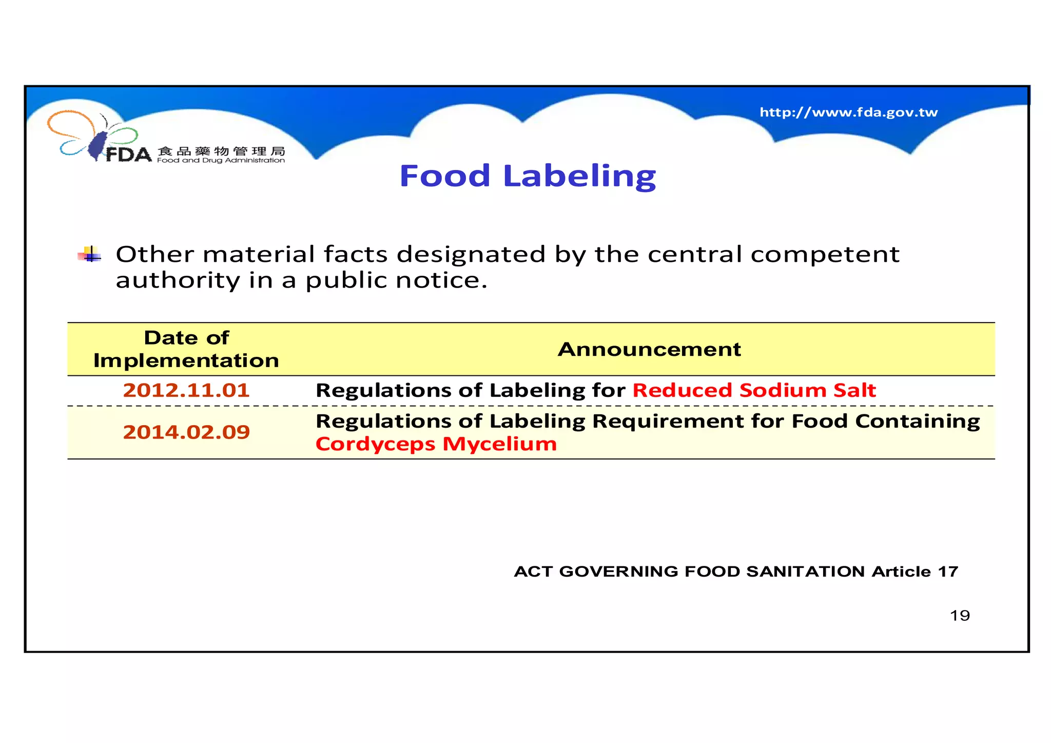Taiwan Food Safety & Regulations for Food Labeling | PDF