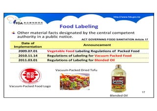 Taiwan Food Safety & Regulations for Food Labeling | PDF