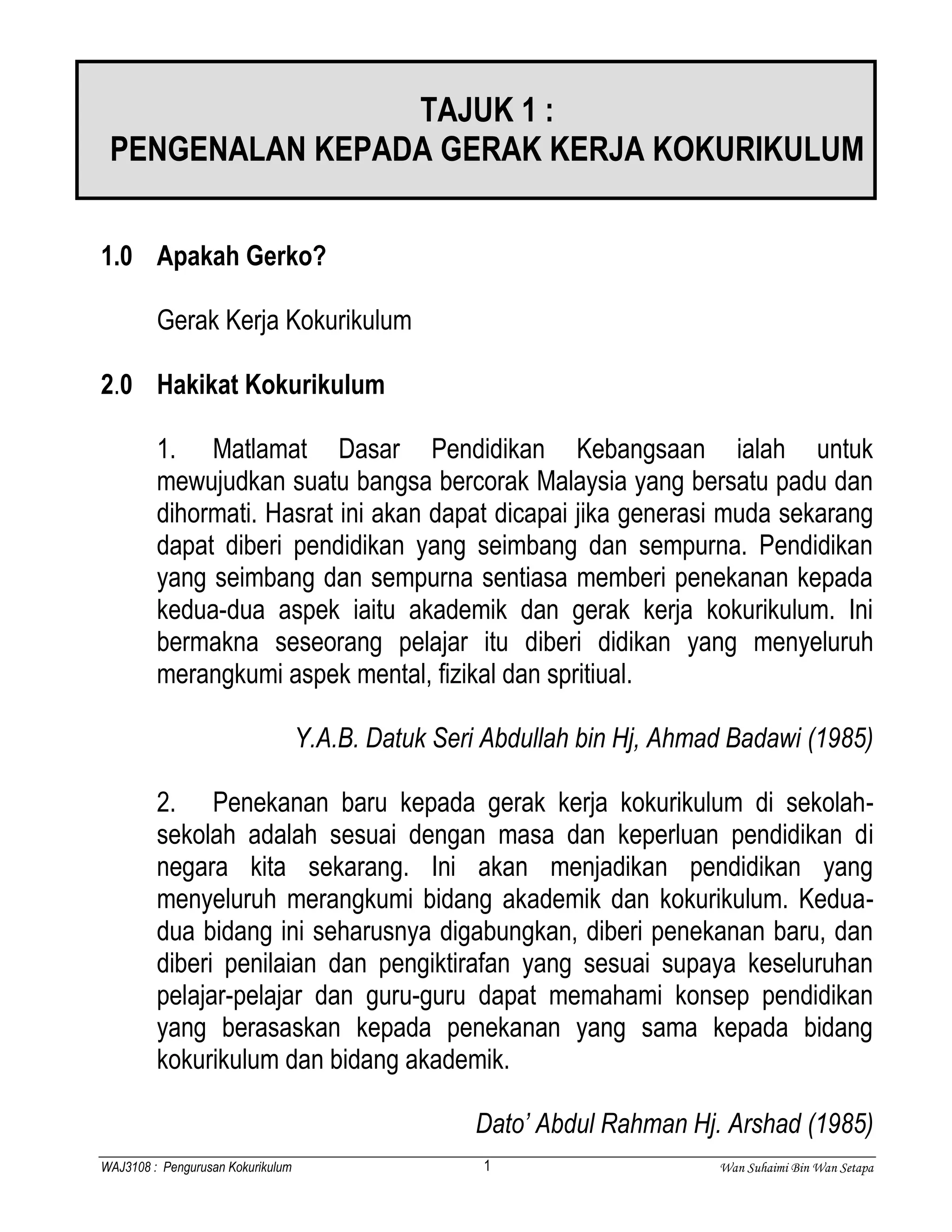 Tajuk 1 pengenalan kepada gerak kerja kokurikulum | PDF