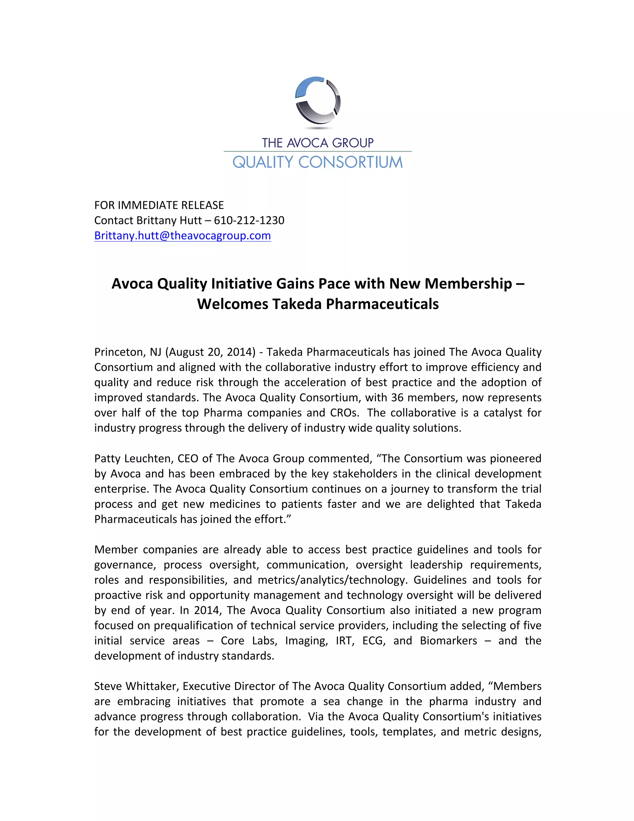 The Avoca Quality Consortium Welcomes Takeda Pharmaceuticals | PDF