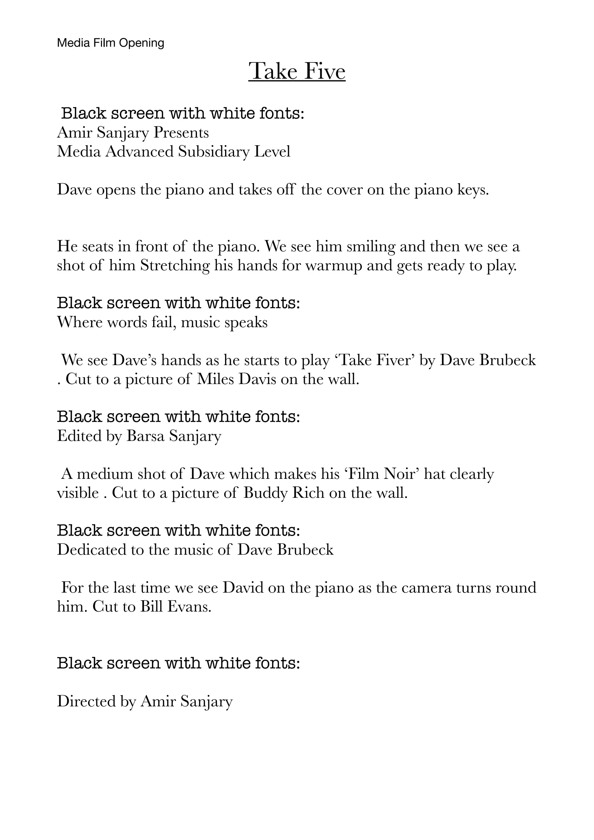 Take Five (Film Opening) script draft 1 | PDF