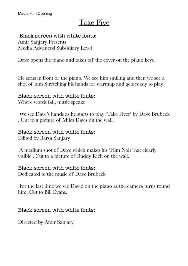 Take Five (Film Opening) script draft 1 | PDF