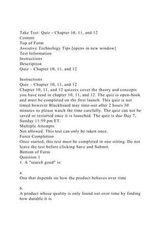 Take Test Quiz - Chapter 10, 11, and 12 ContentTop of FormA.docx | Free ...