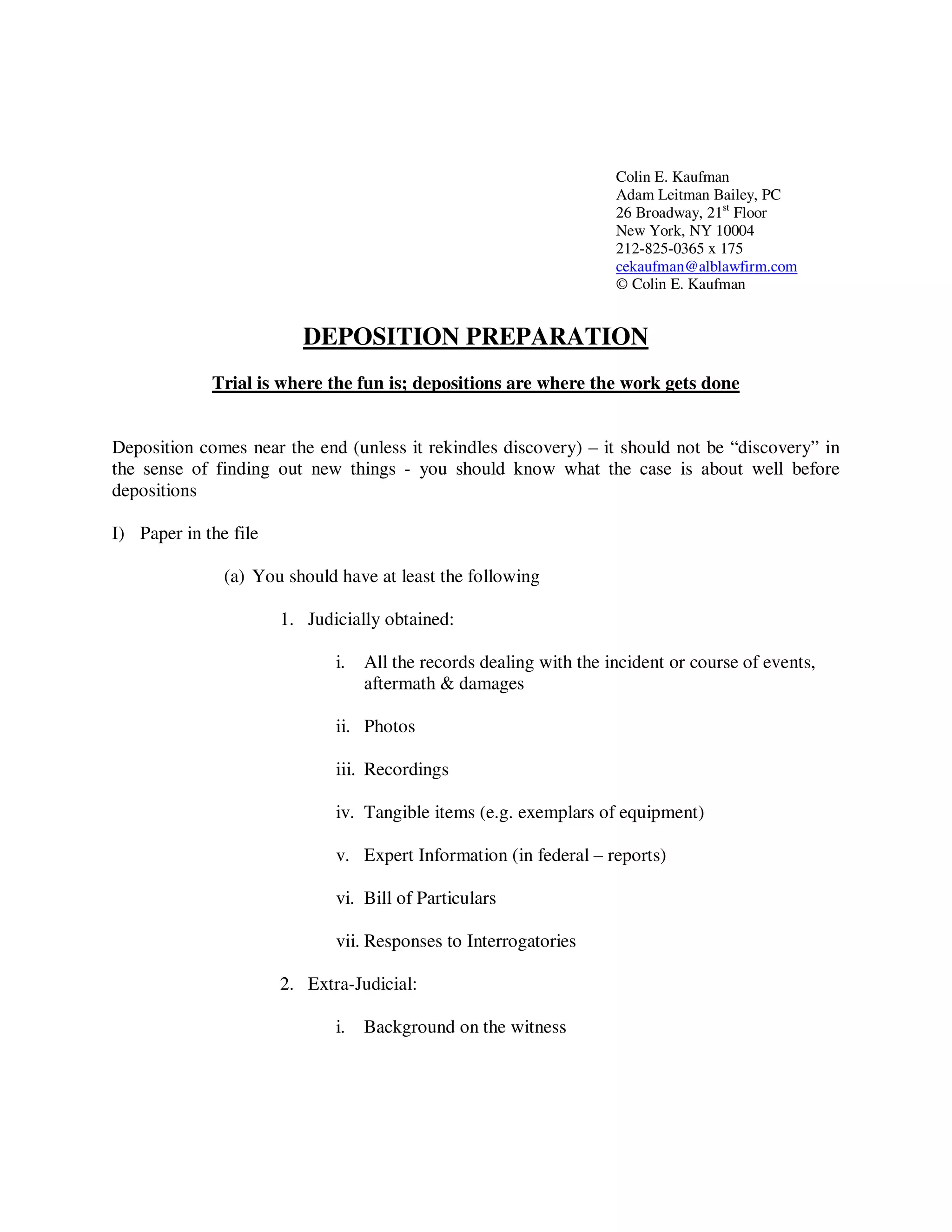 Deposition Preparation by Colin E. Kaufman | PDF