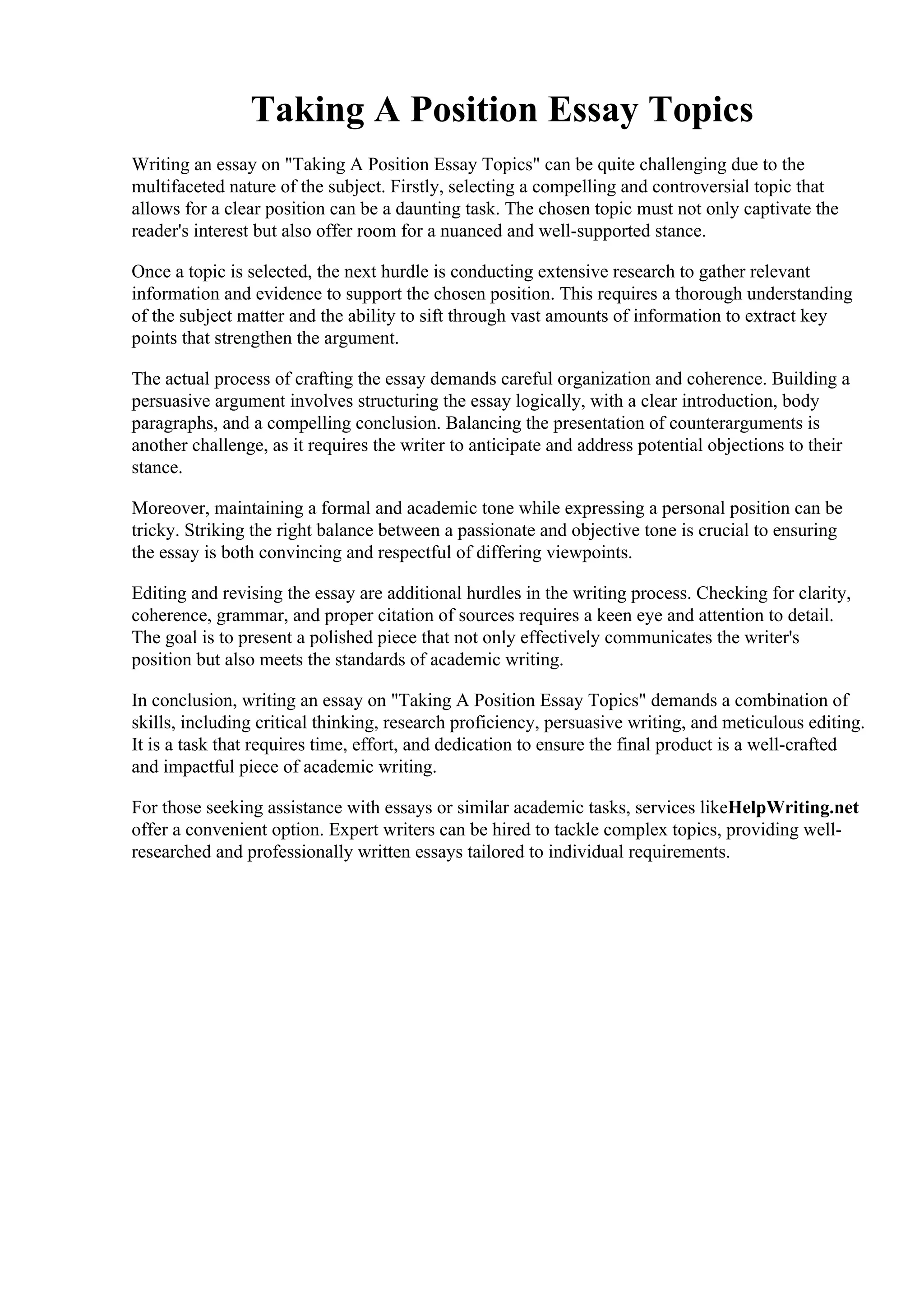 Taking A Position Essay Topics | PDF