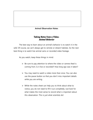 Taking notes from a video: Animal observations | DOCX