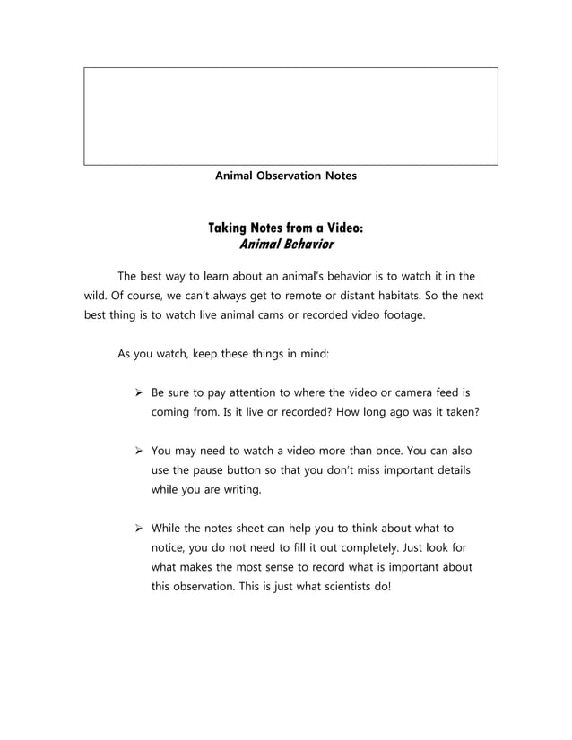 Taking notes from a video: Animal observations | PDF