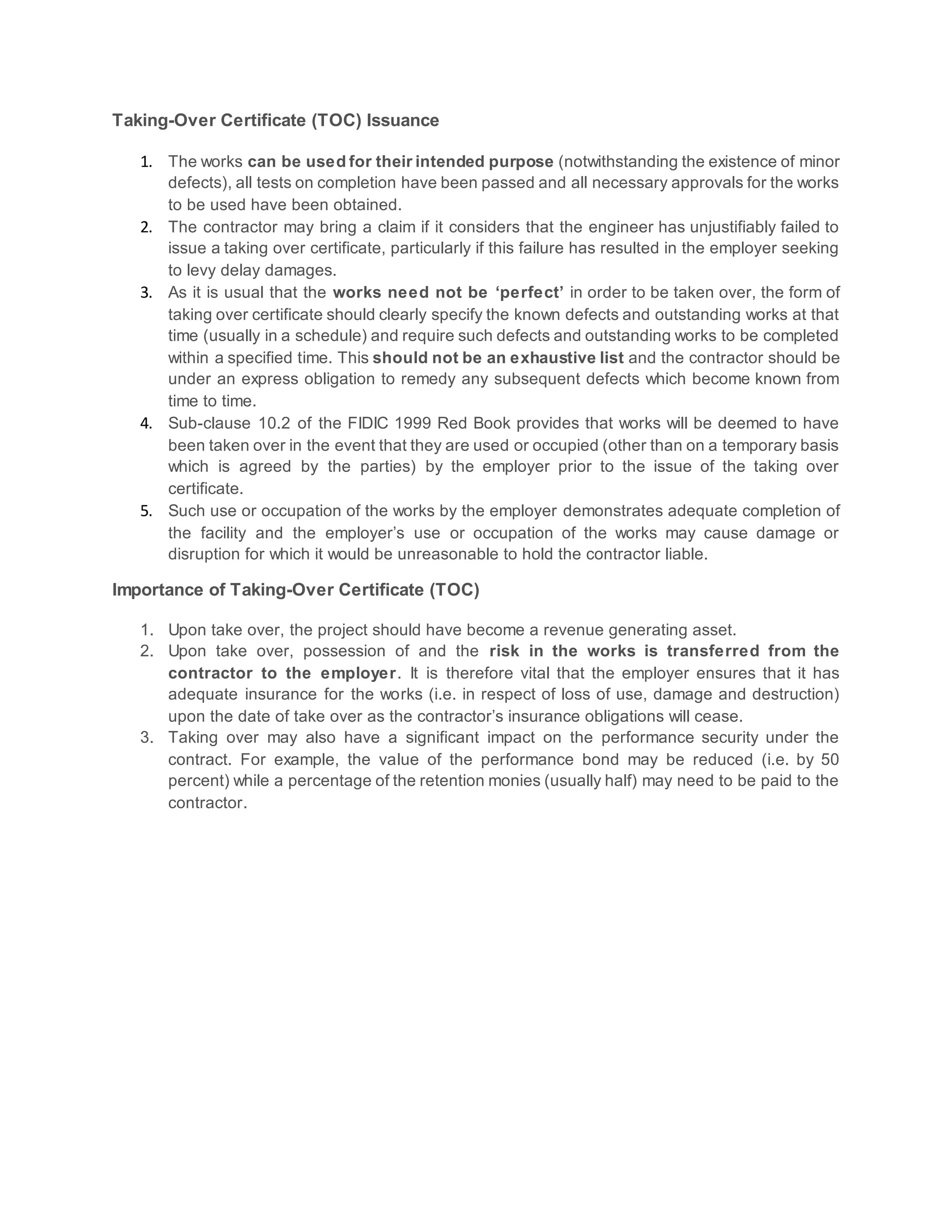 Importance of Taking Over Certificate (TOC) | DOCX