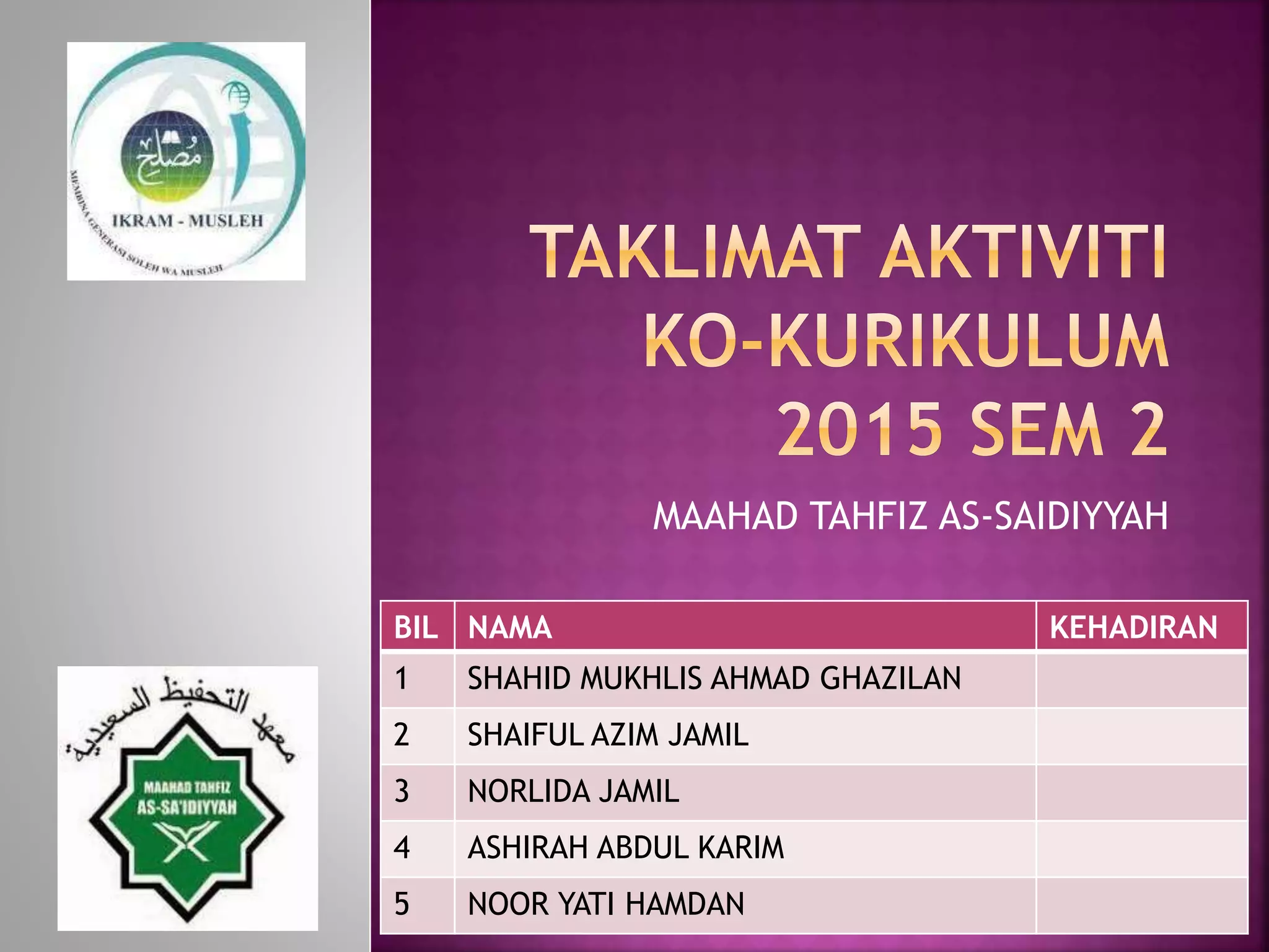Taklimat aktiviti ko kurikulum 2015 sem 2 | PPT