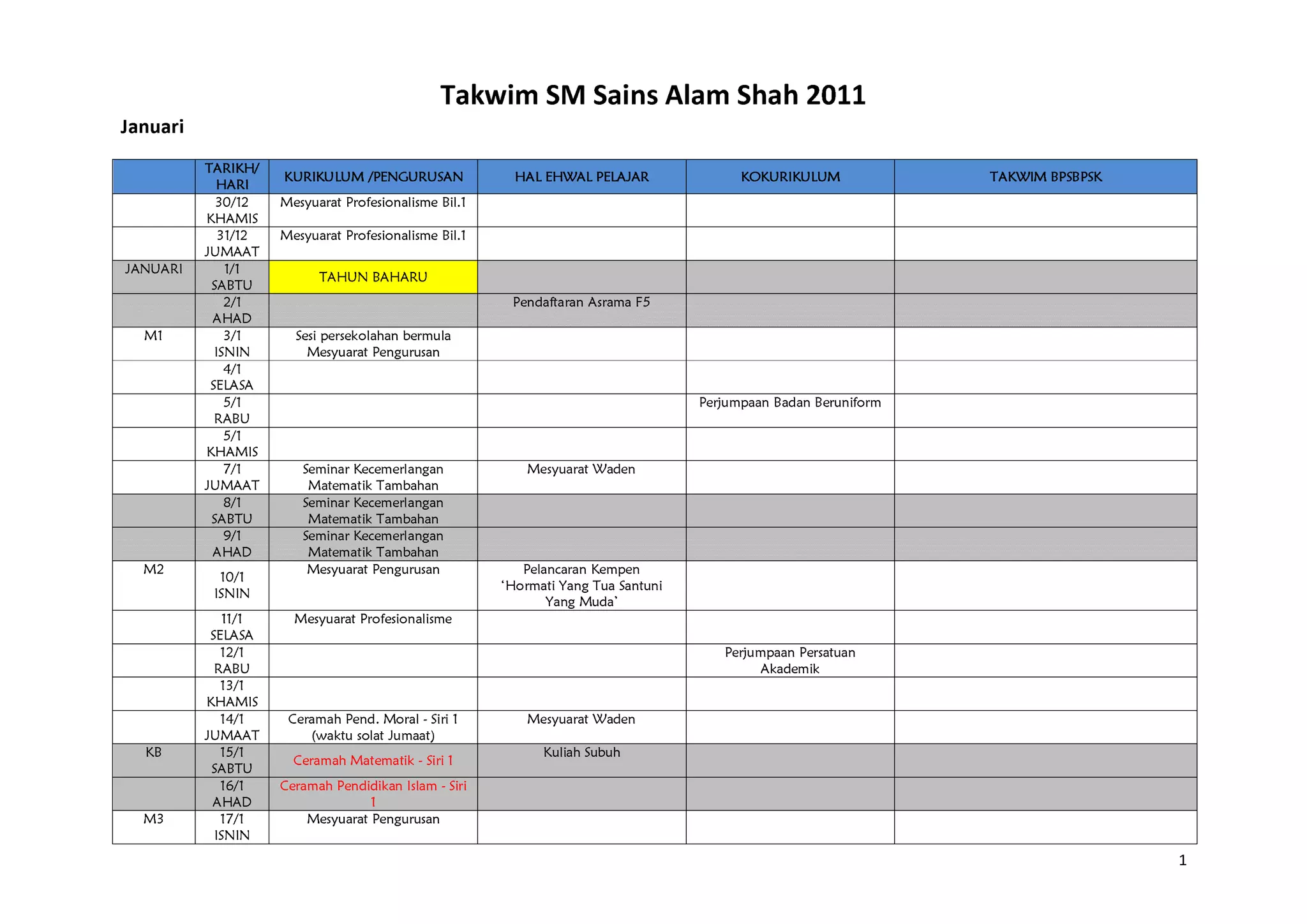 Takwim SM Sains Alam Shah | PDF