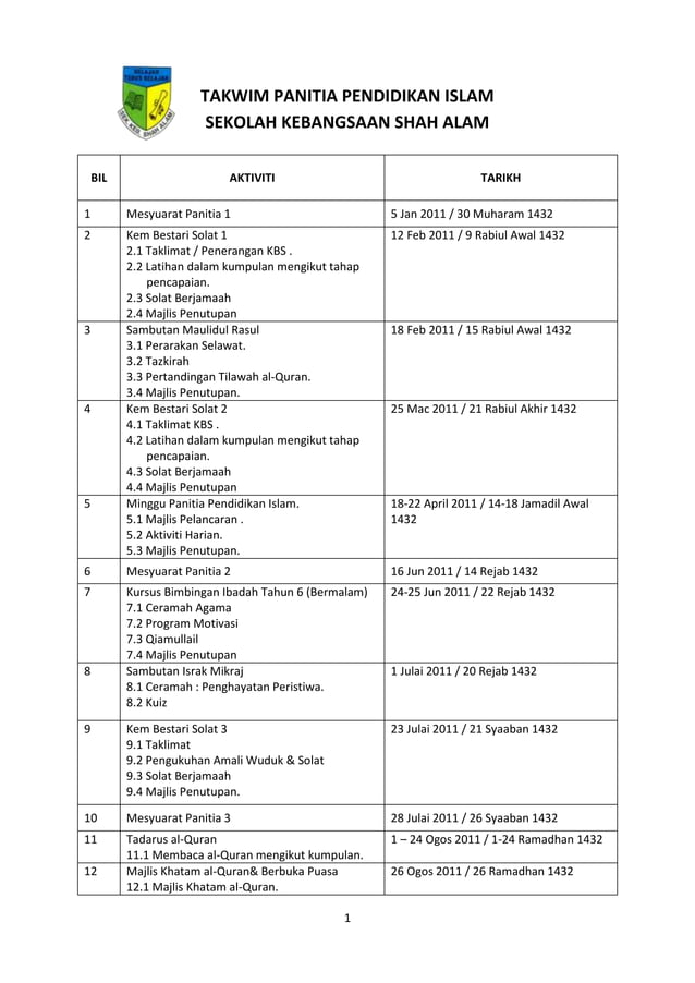 Takwim panitia pendidikan islam | DOCX