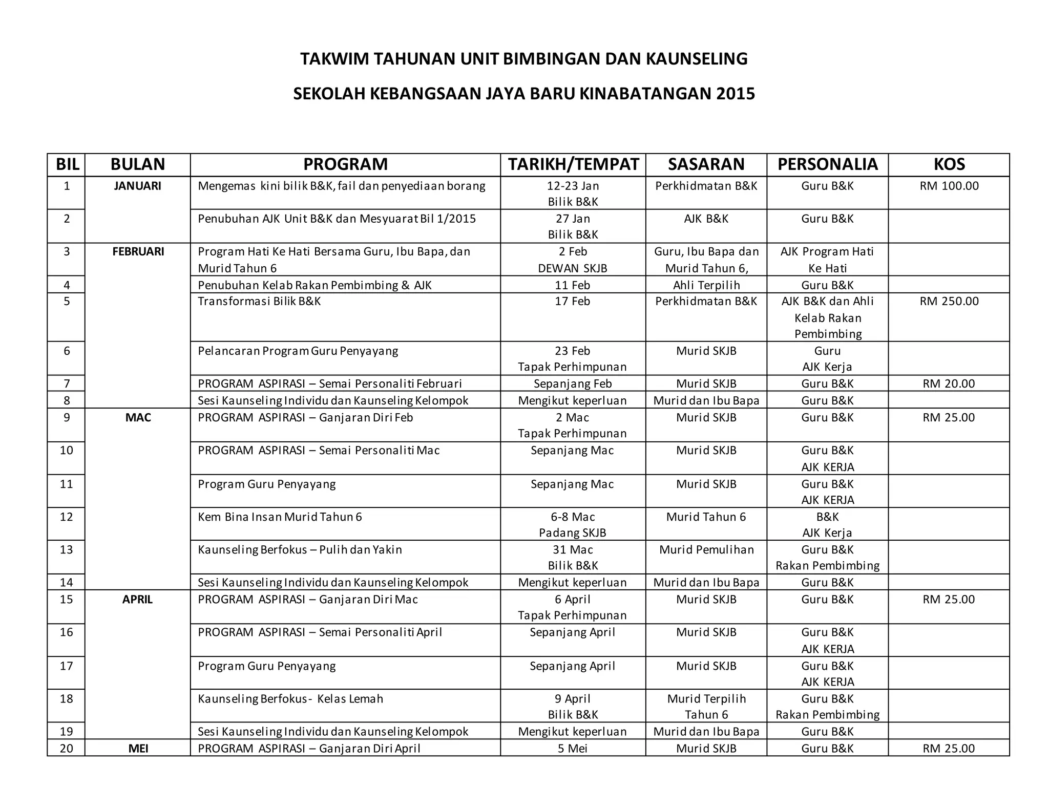 Takwim tahunan unit bimbingan dan kaunseling 2015 | PPT