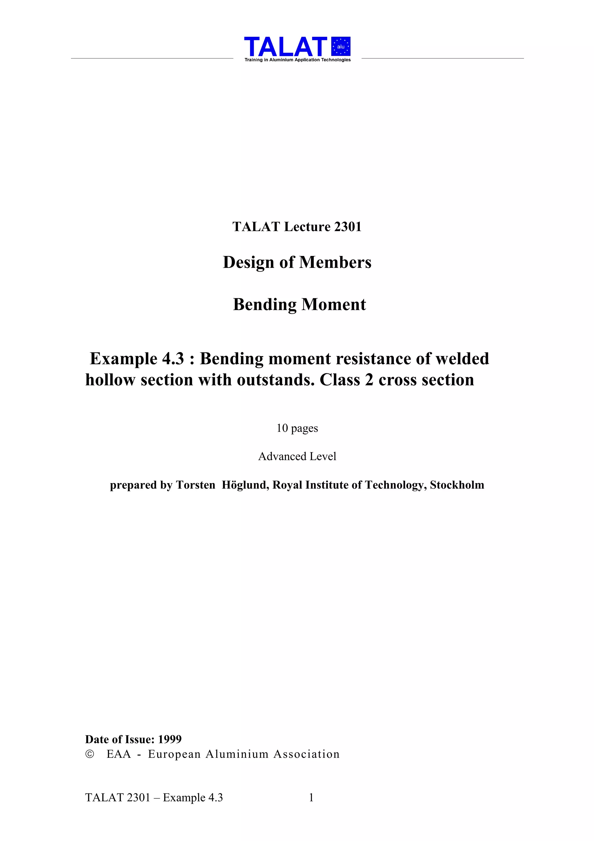 TALAT Lecture 2301: Design of Members Example 4.3: Bending moment ...