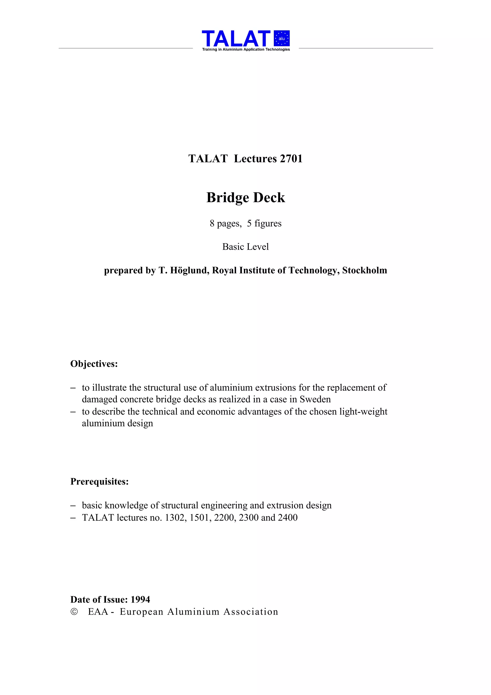 TALAT Lecture 2701: Bridge Deck | PDF