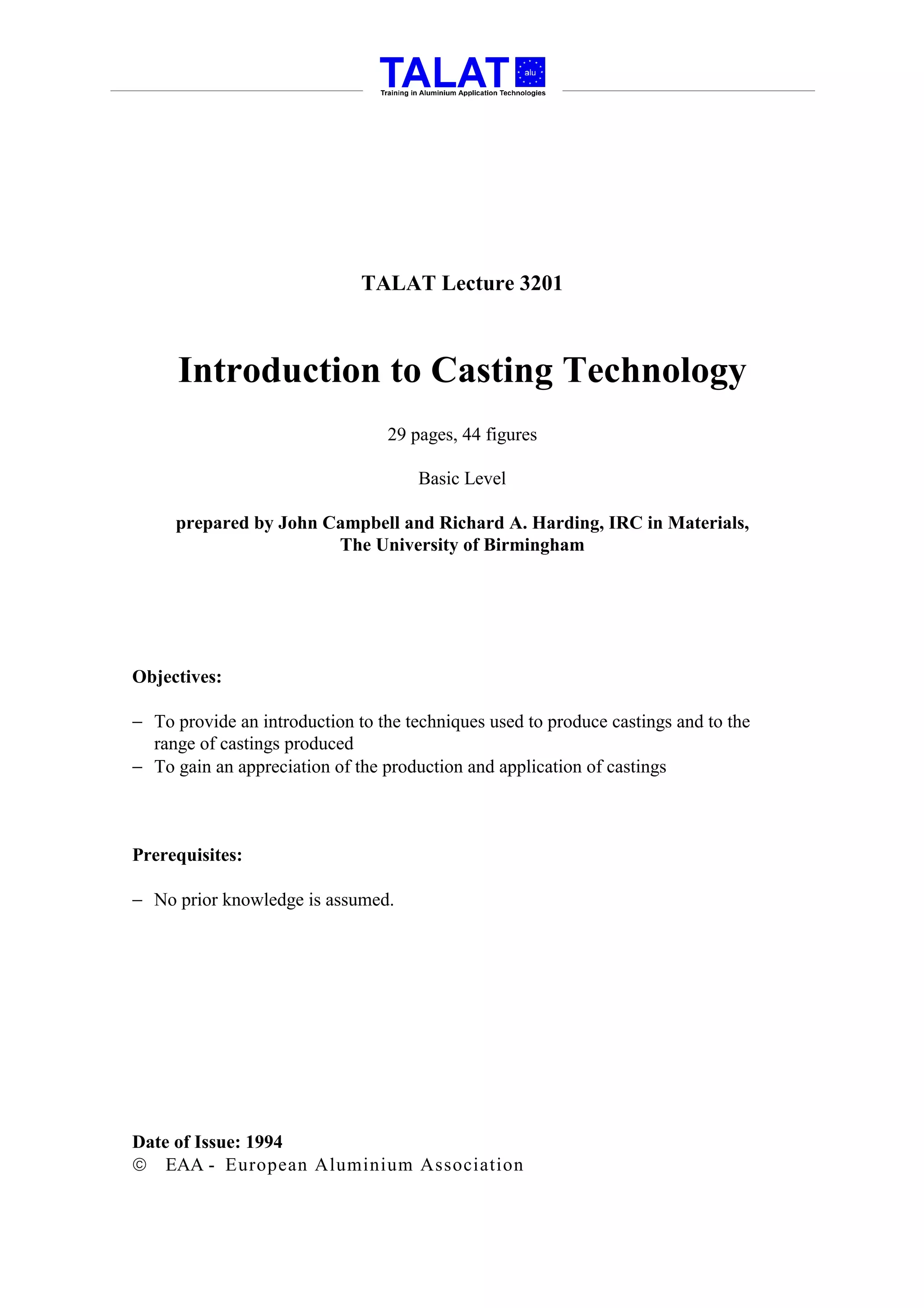 TALAT Lecture 3201: Introduction to Casting Technology | PDF